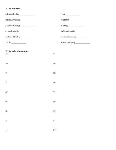 german numbers worksheet