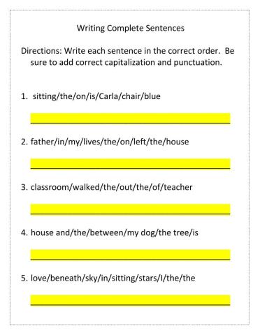 Writing In Complete Sentences Worksheet