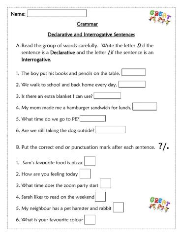 declarative sentence example grade 2