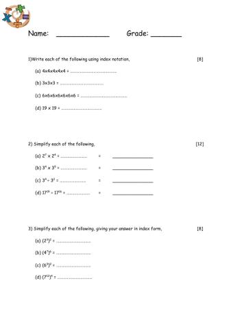 using index notation worksheet
