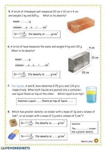 density worksheet grade 8