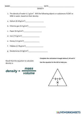 density problems worksheet middle school
