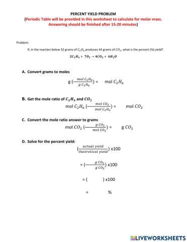 percent yield problems worksheet