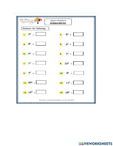 square numbers printable