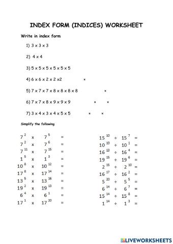 multiplying indices worksheet