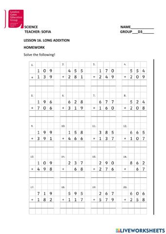 long method addition worksheets