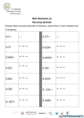 recurring decimal worksheet