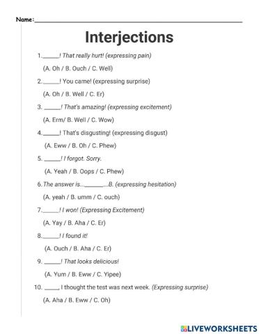 interjections worksheet