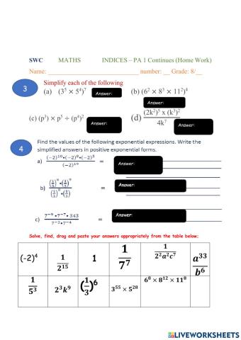 simplifying indices worksheet tes