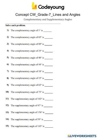 complementary angles worksheet grade 7