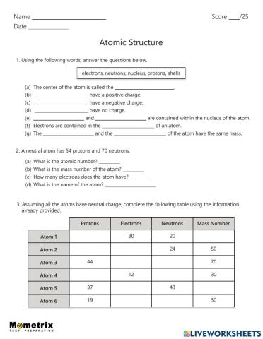 atomic structure worksheet year 9
