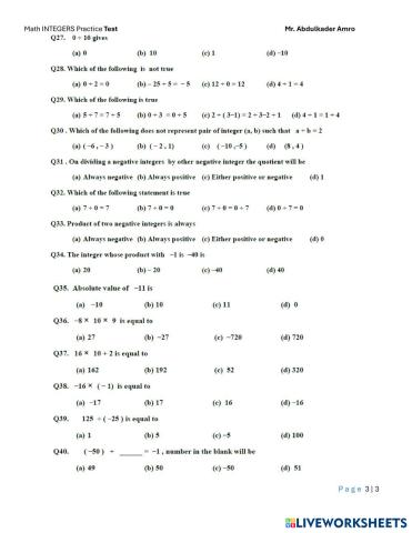 math integers questions