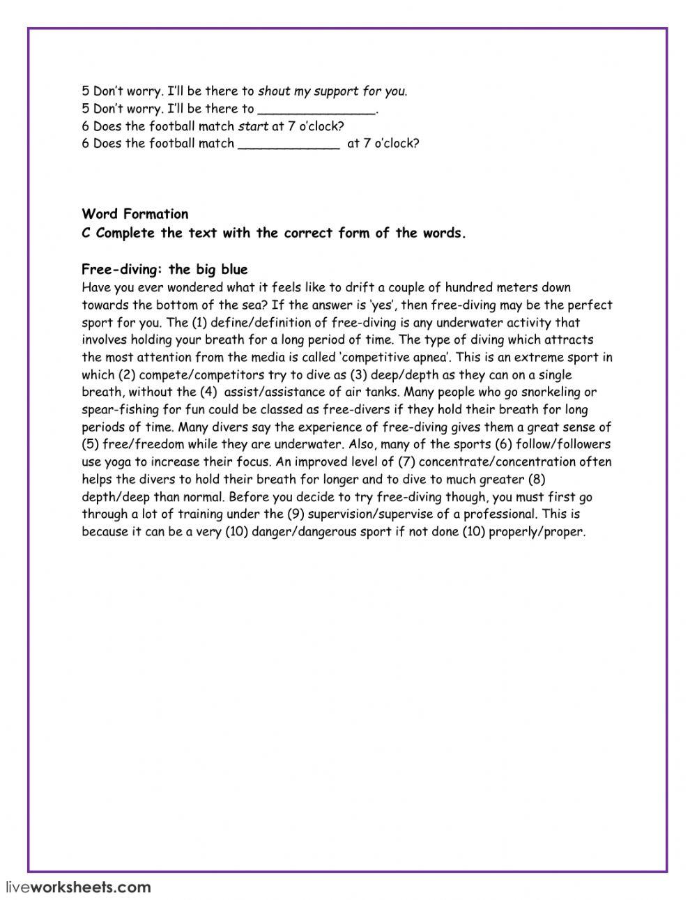 Free Diving worksheet | Live Worksheets