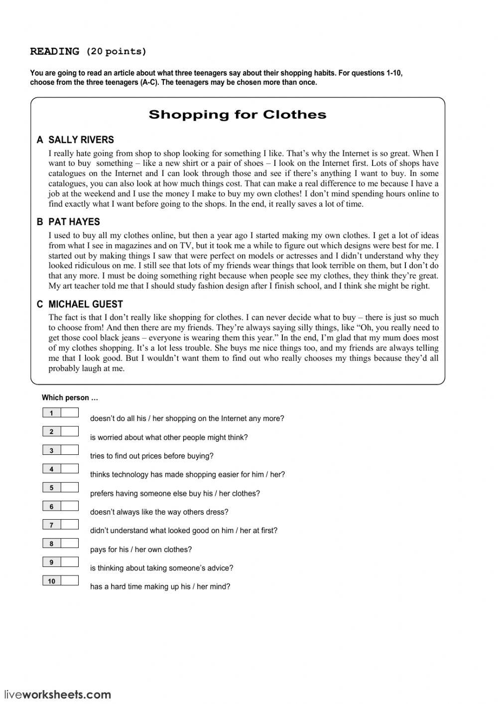 Reading. SHOPPING FOR CLOTHES 5387204 | Margarita | Live