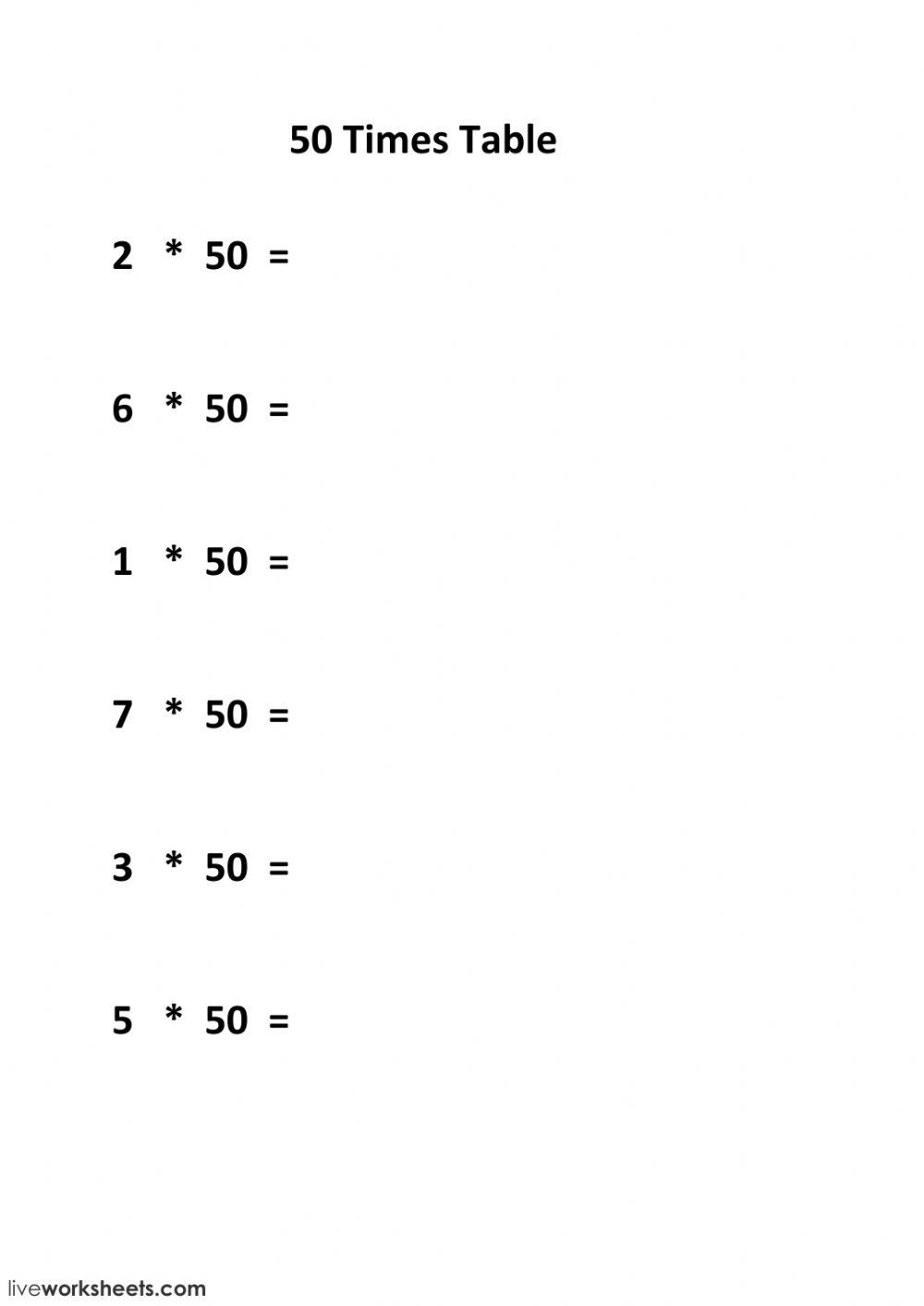 50 Times table worksheet | Live Worksheets