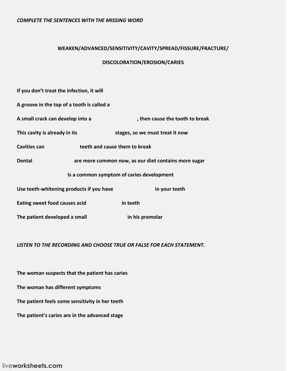 dental caries worksheet | Live Worksheets
