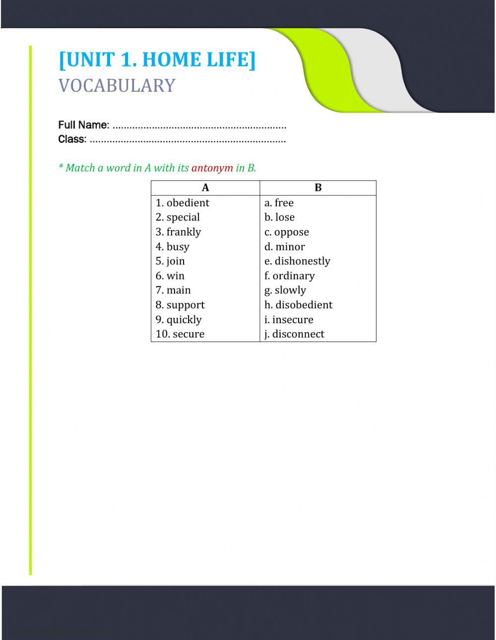 Unit 1. home li… | Free Interactive Worksheets | 49595