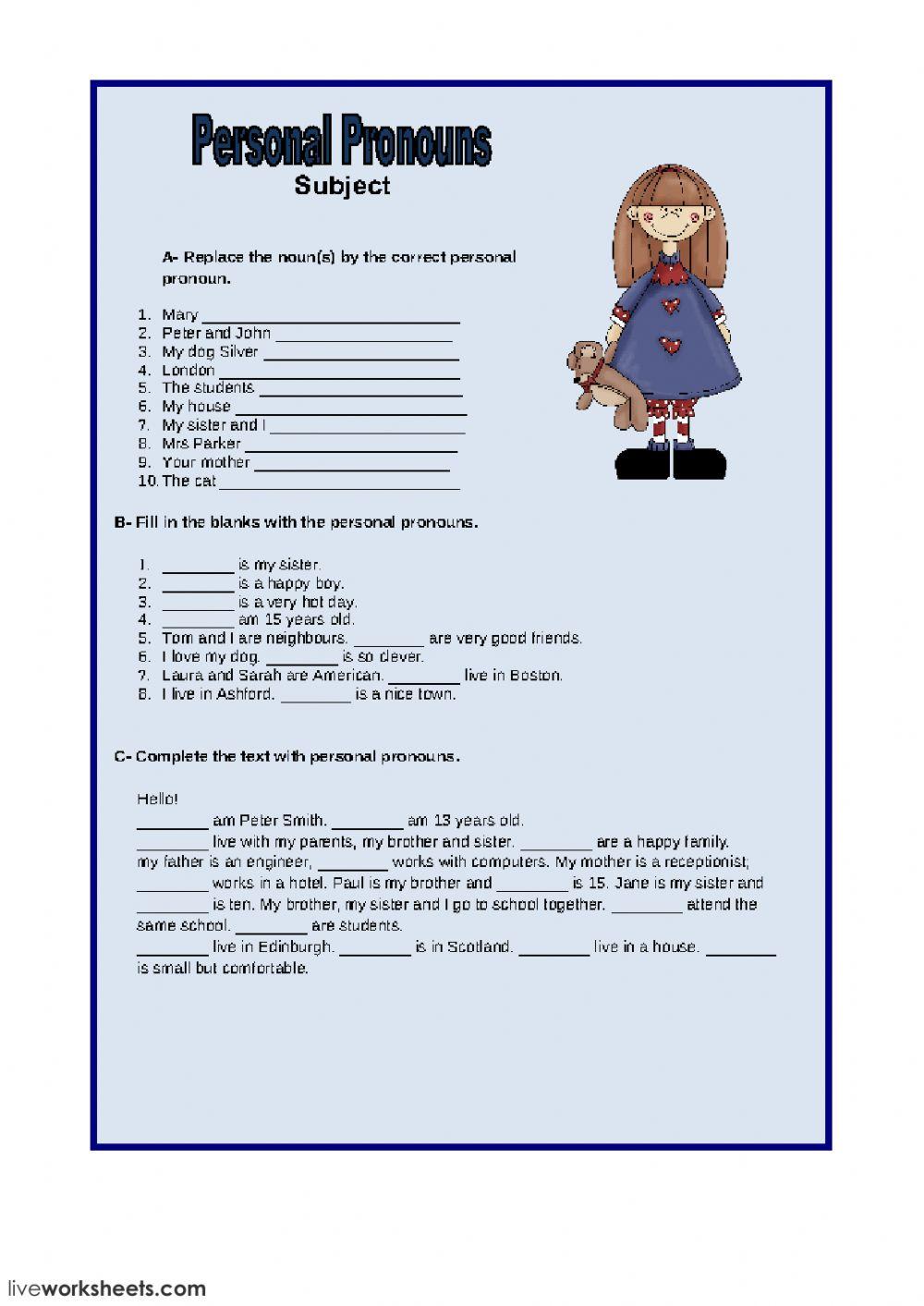 Personal Pronoun online exercise for Grade 6 | Live Worksheets