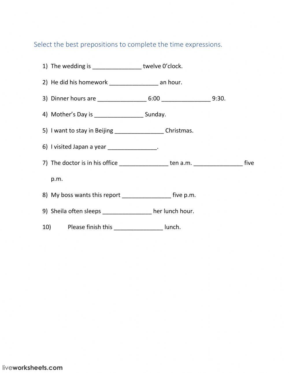 Time Expressions | Free Interactive Worksheets | 47243