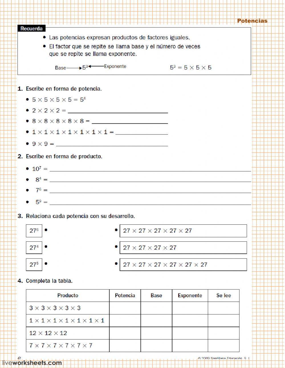 Hojas De Trabajo De Potencias Matemáticas