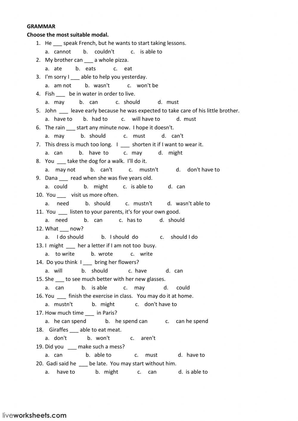 Modals And Semi Modals Online Exercise For Live Worksheets