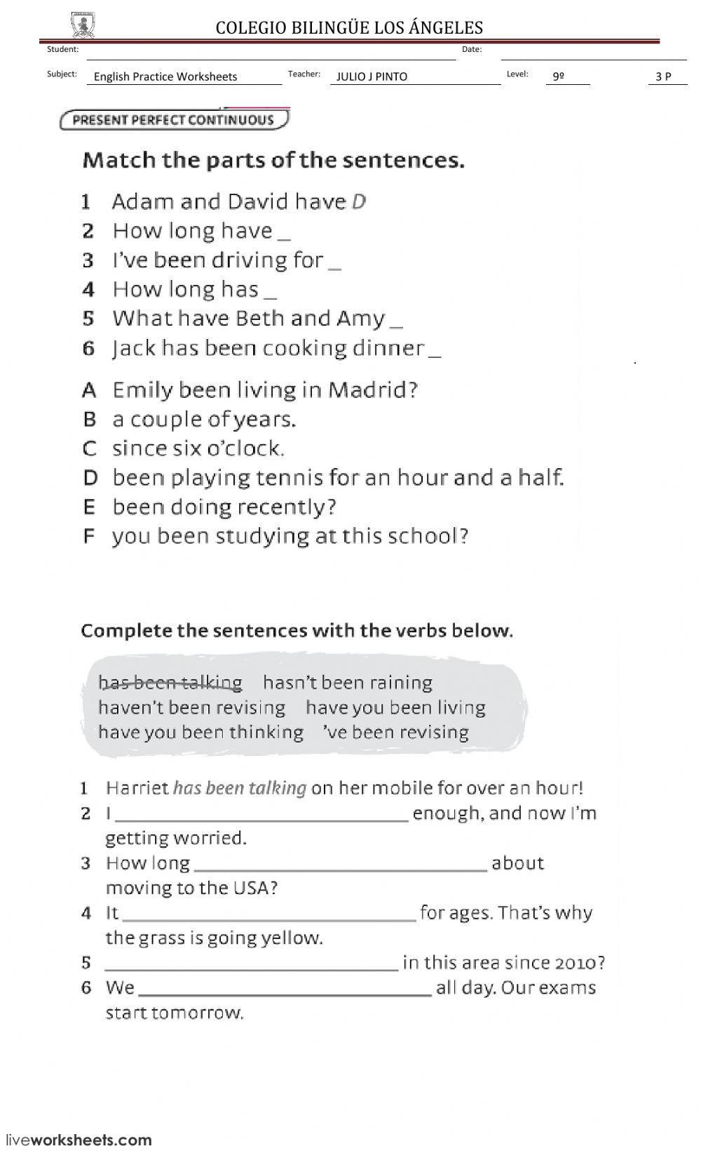 Present Perfect Continuous - Gerunds - Infinitives worksheet | Live ...