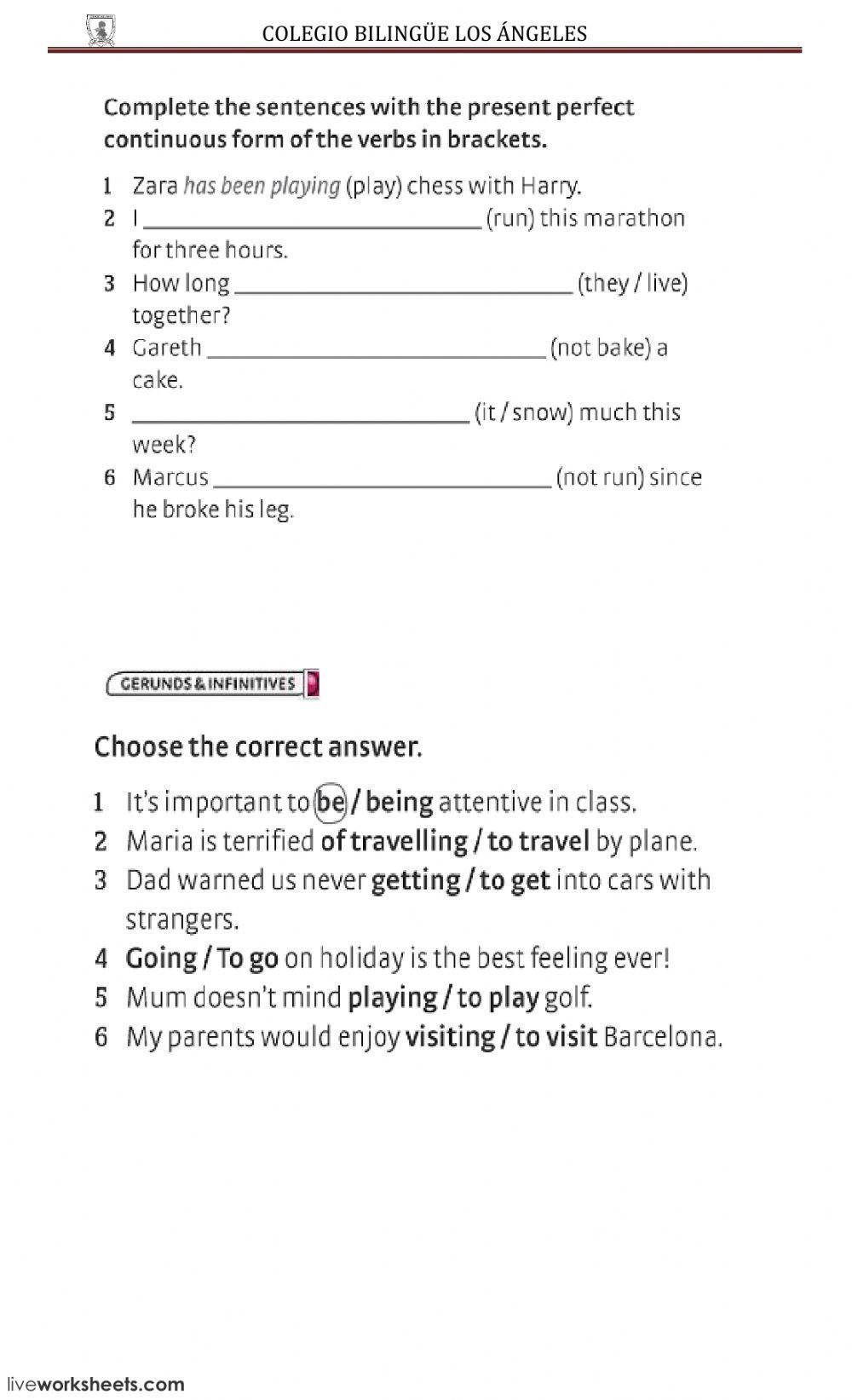 Present Perfect Continuous - Gerunds - Infinitives worksheet | Live ...