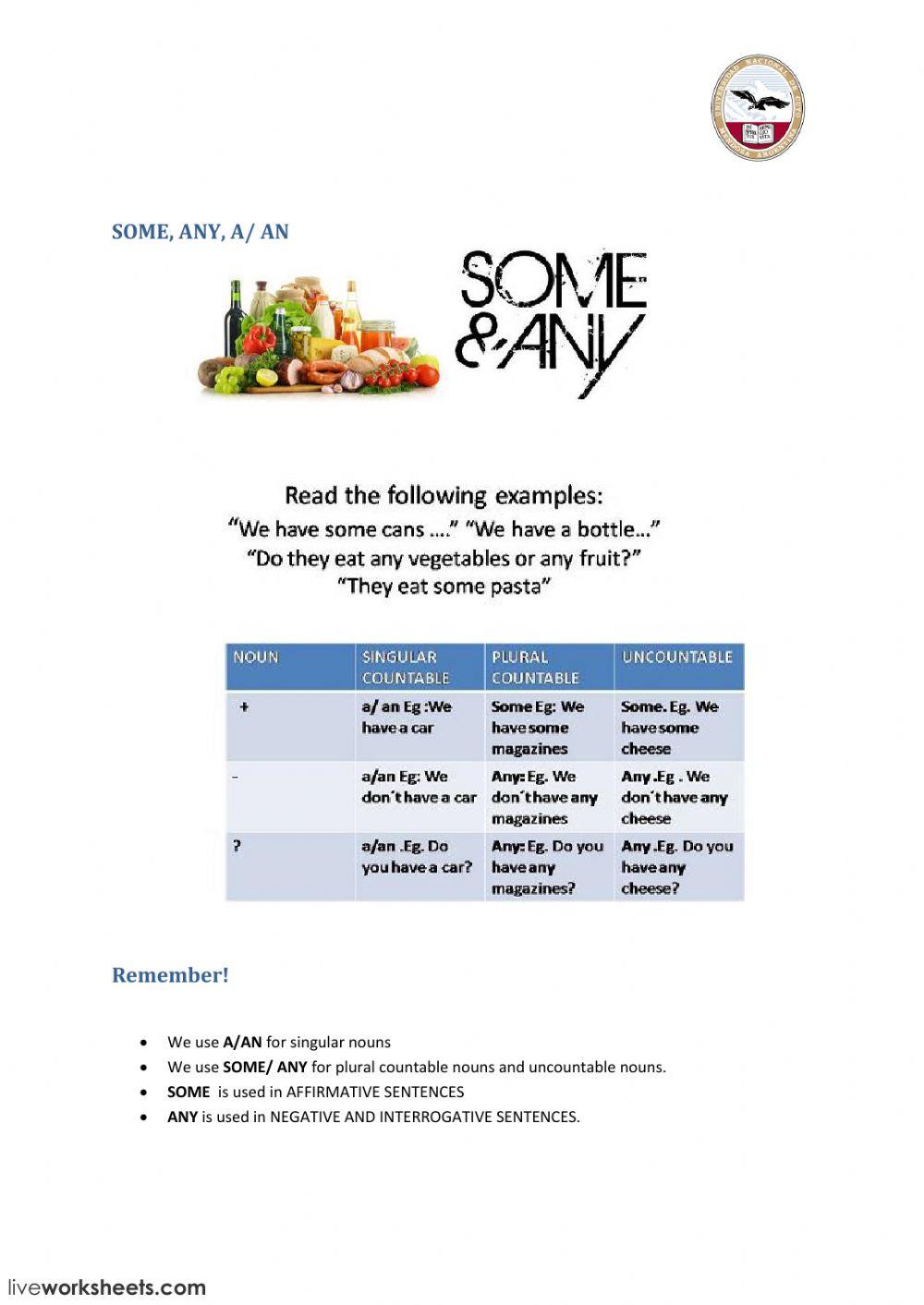 SOME ANY A AN - FM worksheet | Live Worksheets