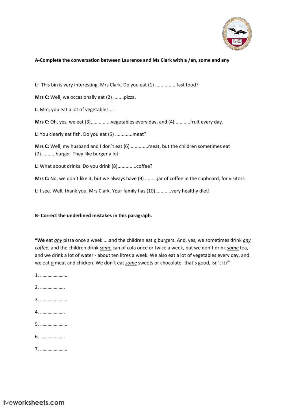 SOME ANY A AN - FM worksheet | Live Worksheets
