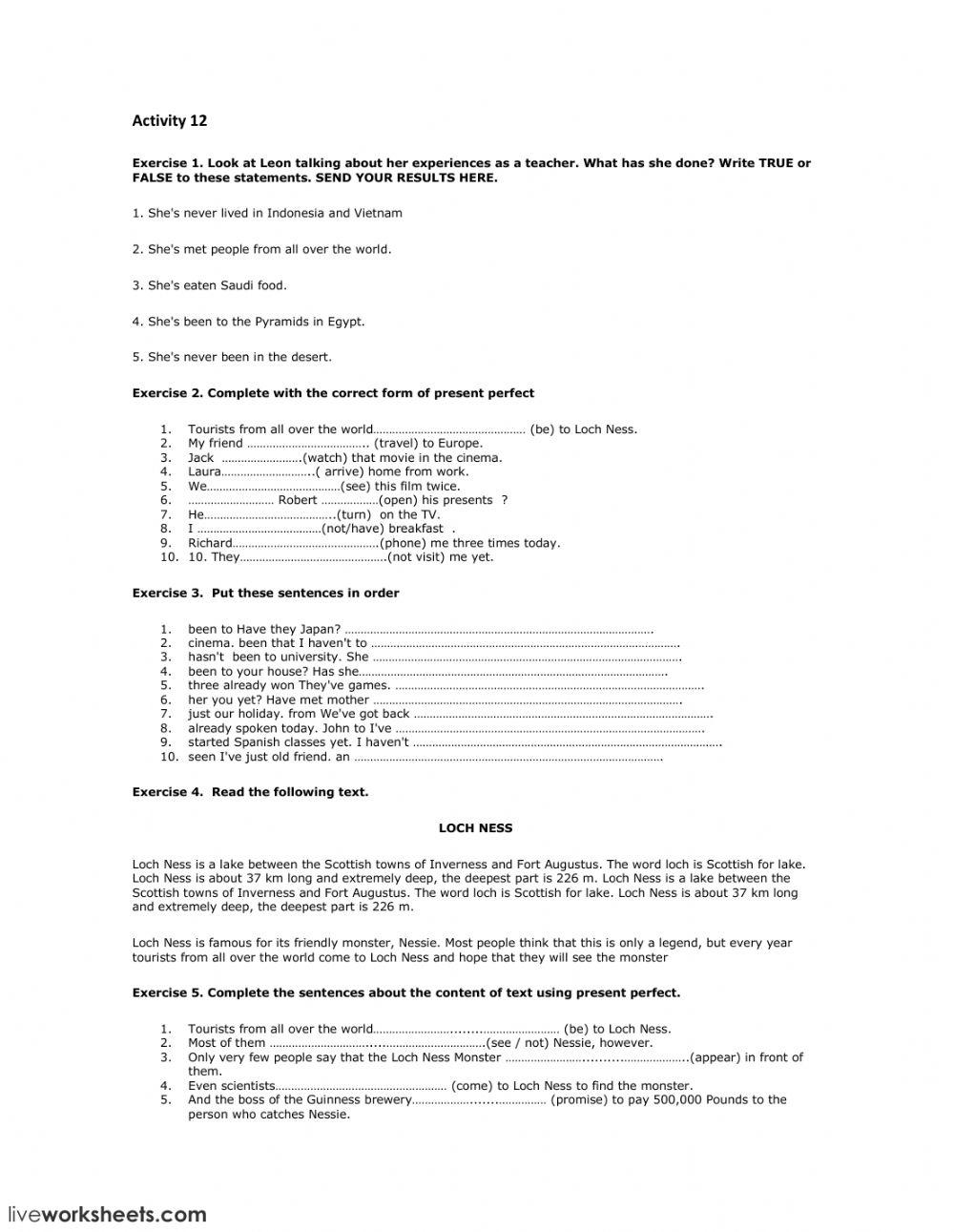 Present Perfect interactive exercise | Live Worksheets