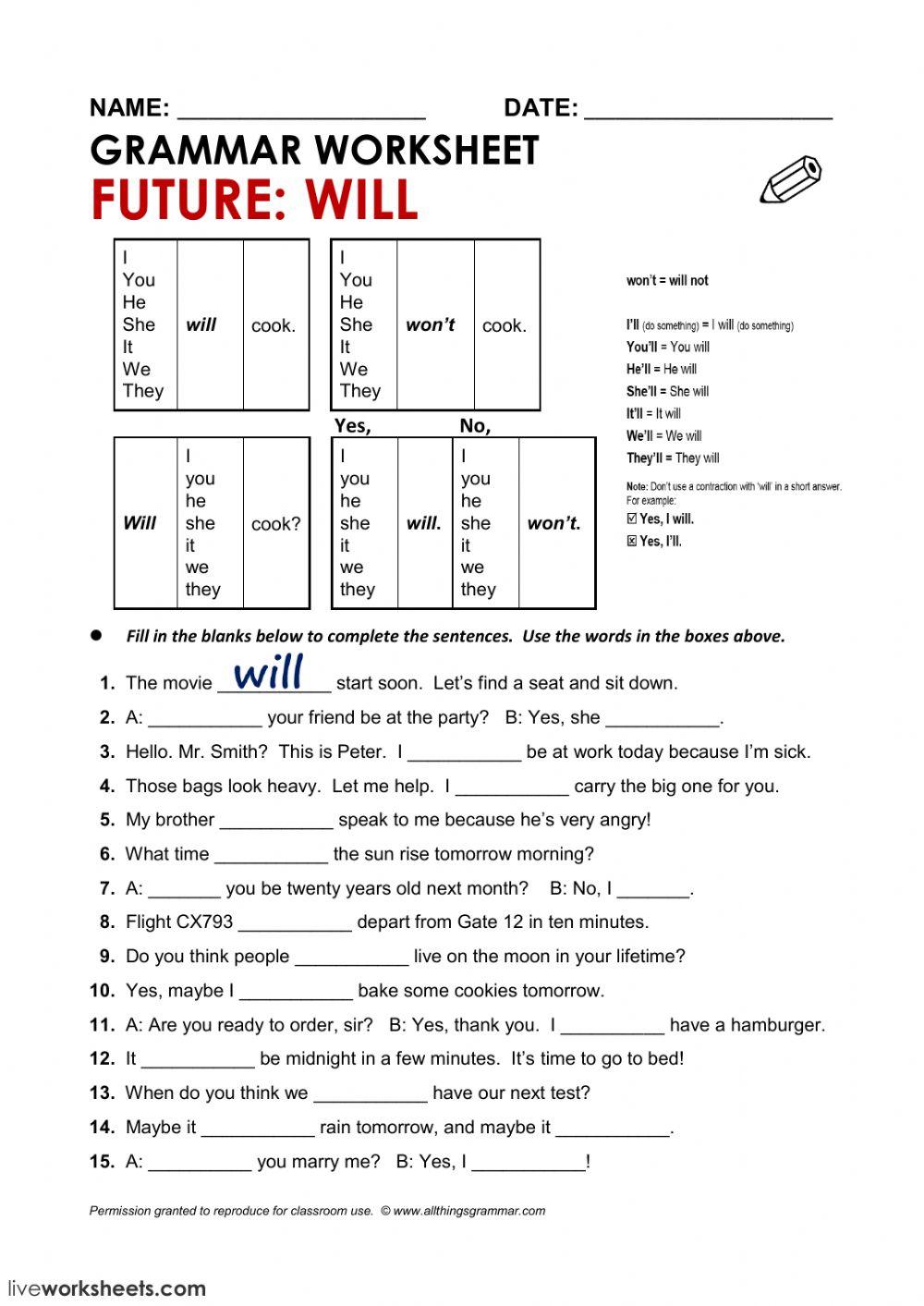 Allthingstopics WILL och WON'T online exercise for | Live Worksheets