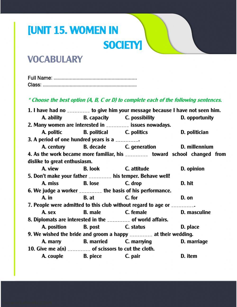 Unit 15. multiple choice worksheet | Live Worksheets