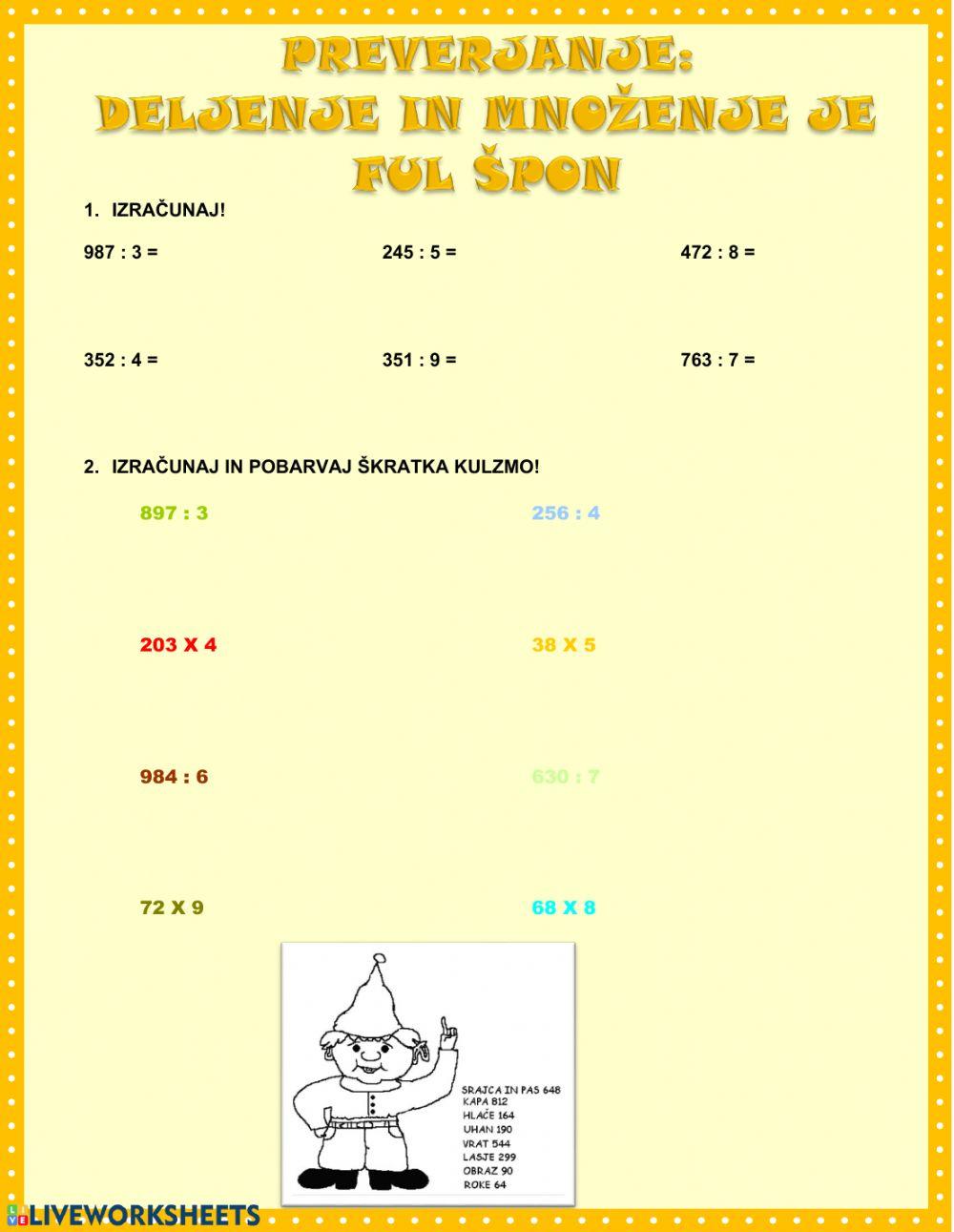 Deljenje in mno… | Free Interactive Worksheets | 54279