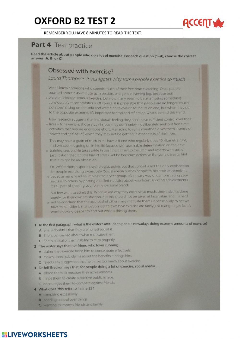 OTE B2 READING TEST 2 online exercise for | Live Worksheets