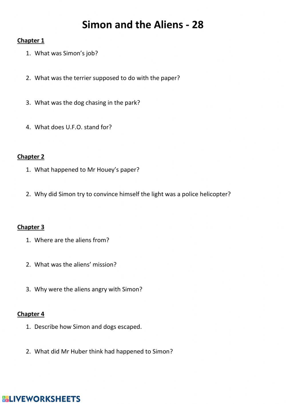 Simon and the Aliens 28 worksheet | Live Worksheets