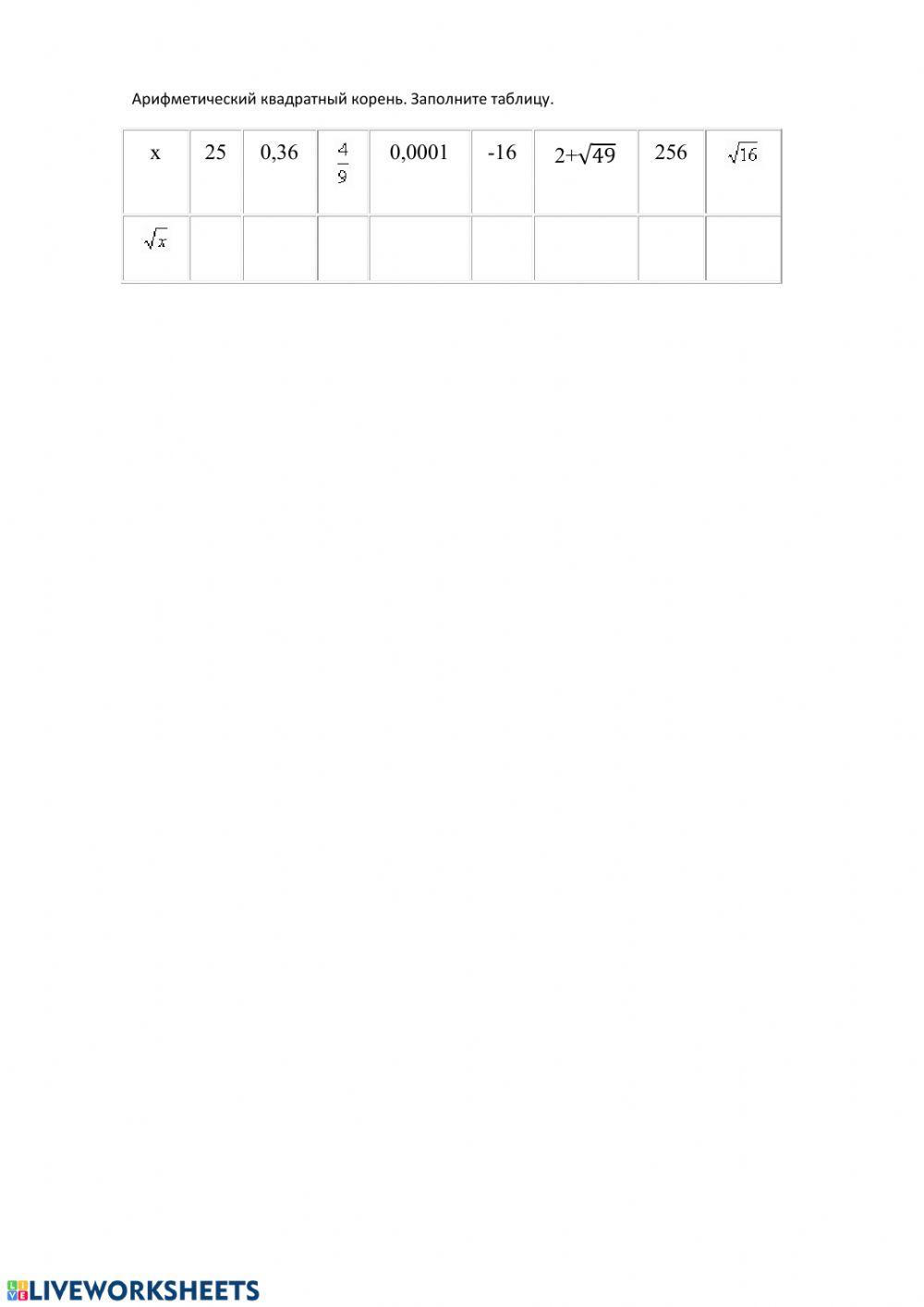 Арифметический квадратный корень Worksheet Live Worksheets