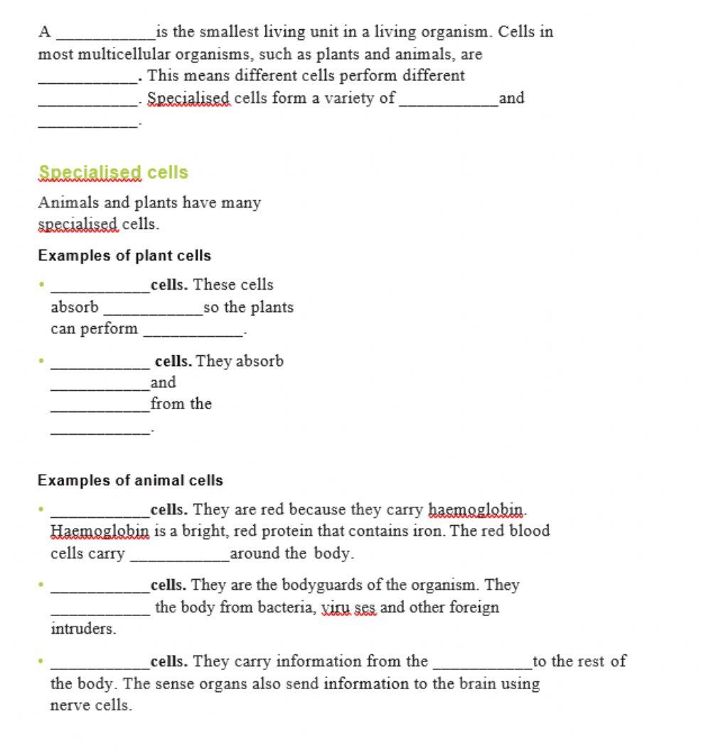 Cells 3 worksheet | Live Worksheets