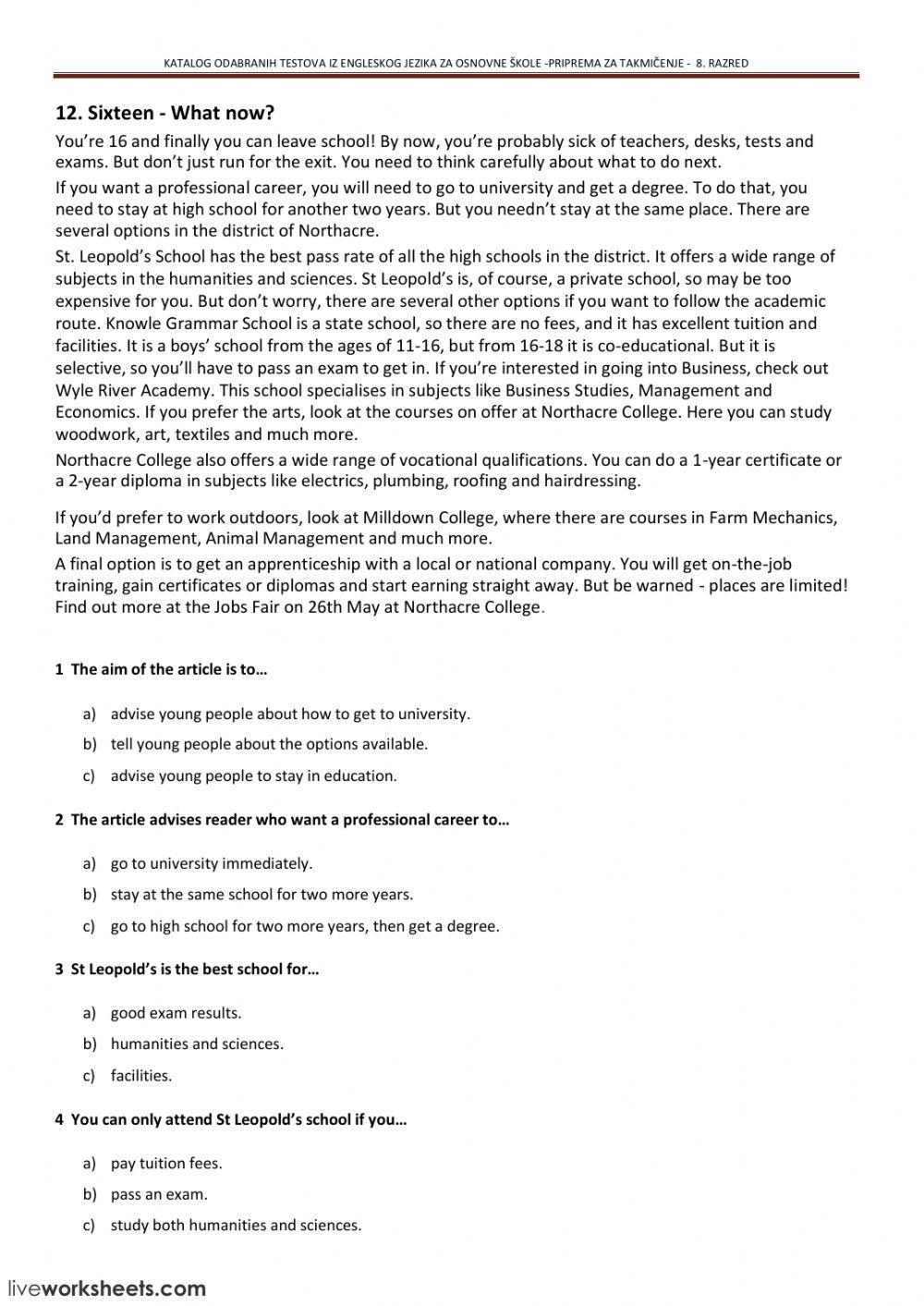 reading-8th-grade-12 Sixteen - What now online exercise for Grade 8 ...