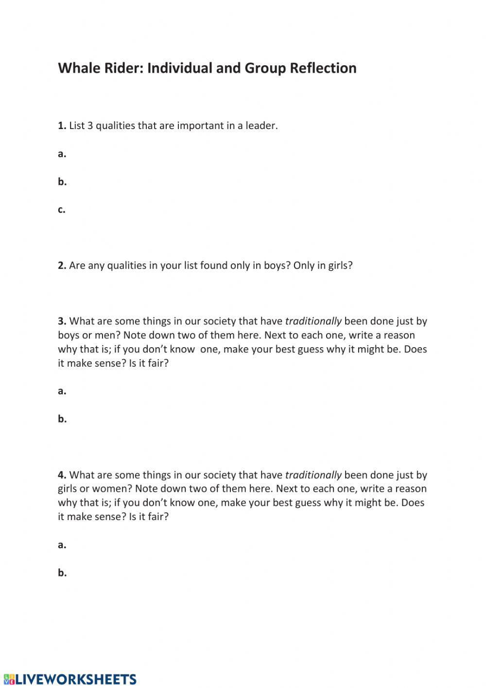 Whale Rider - Reflection worksheet | Live Worksheets