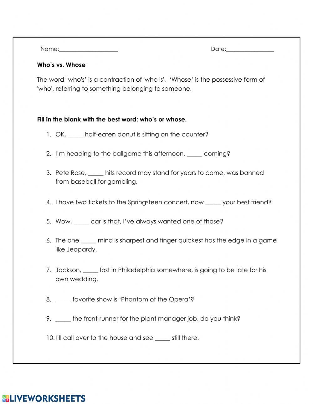 Who's vs. Whose 5393238 | Loraine Hall | Live Worksheets