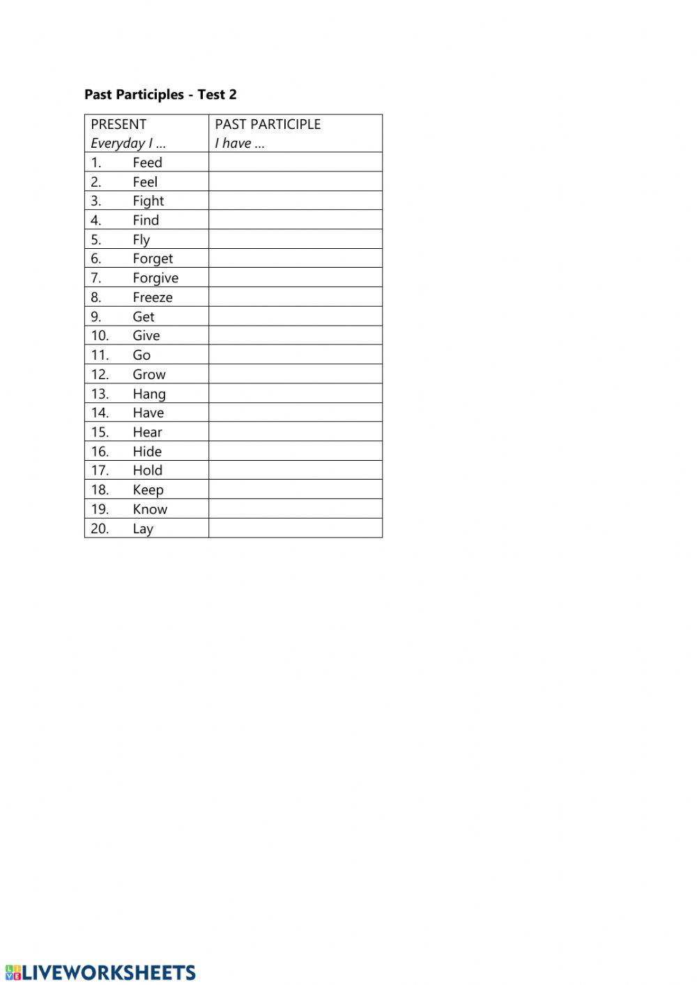 Past Participle Test 2 worksheet | Live Worksheets