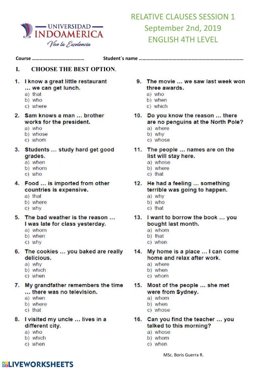 Relative clauses sep-nov worksheet | Live Worksheets