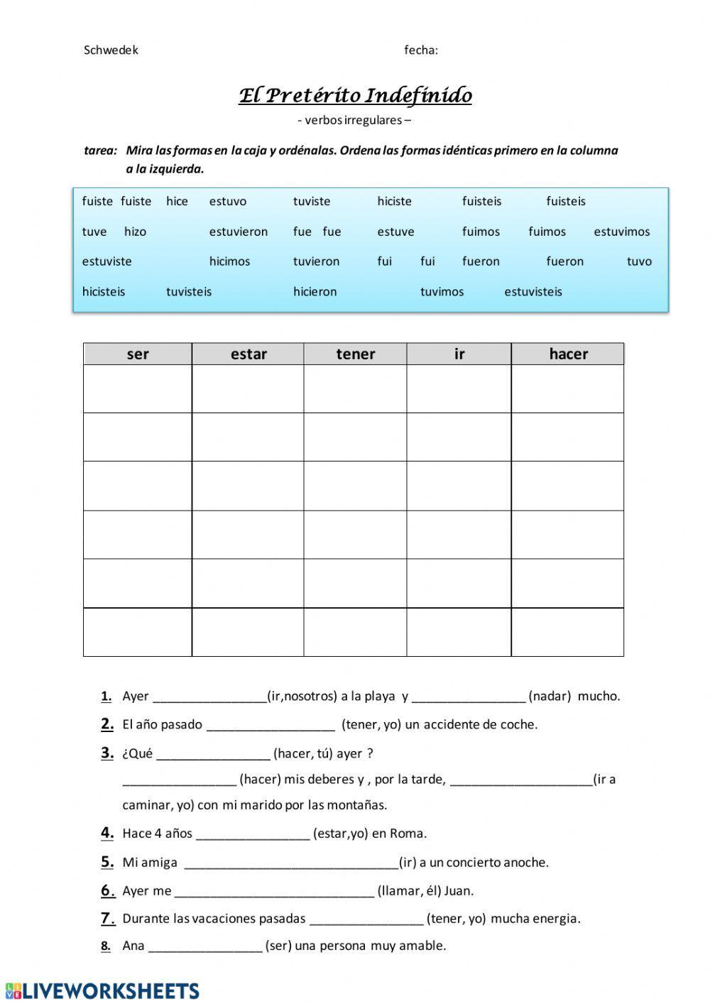 El Pretérito Indefinido Worksheet Live Worksheets