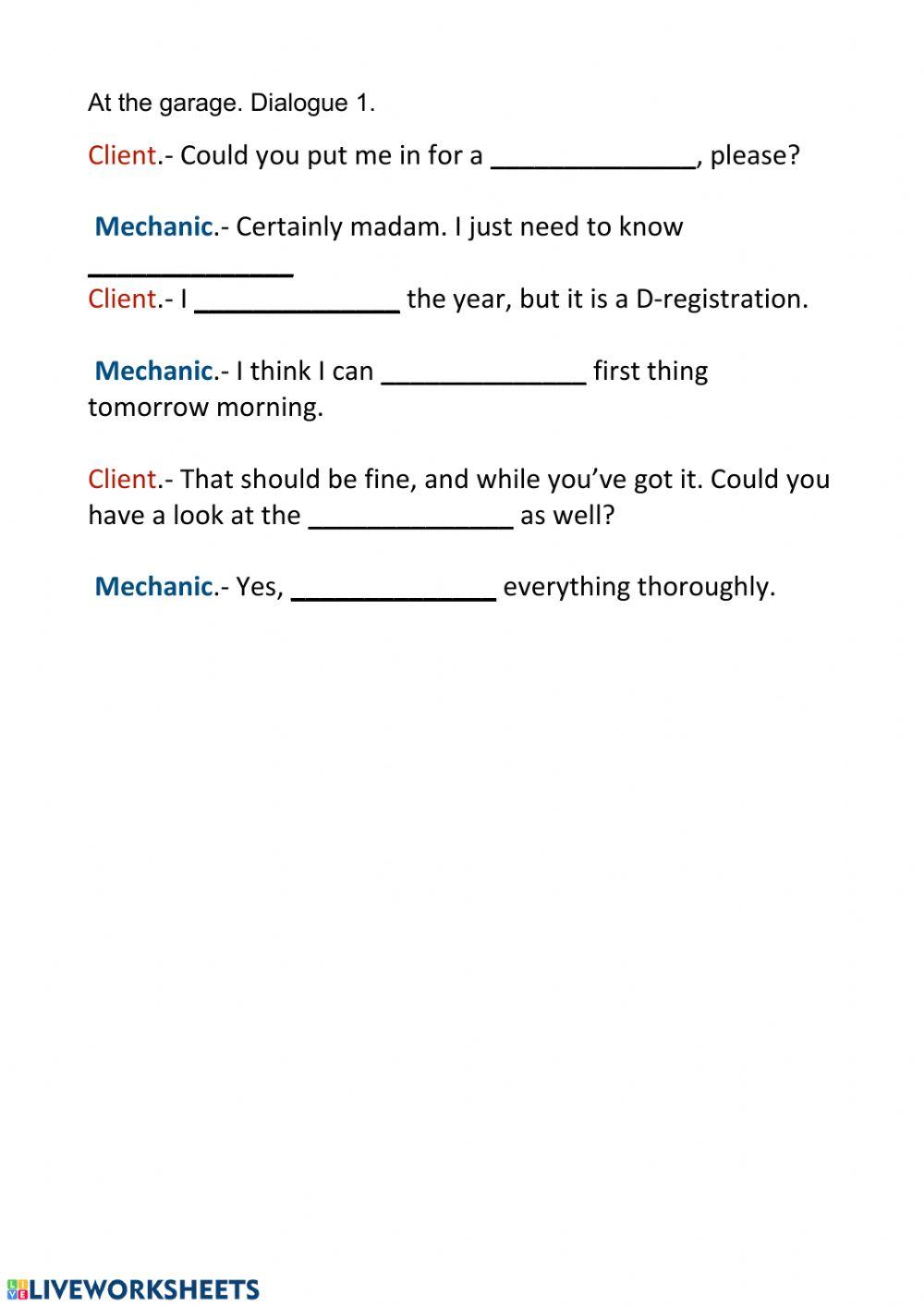 At the garage 1 | Free Interactive Worksheets | 54077