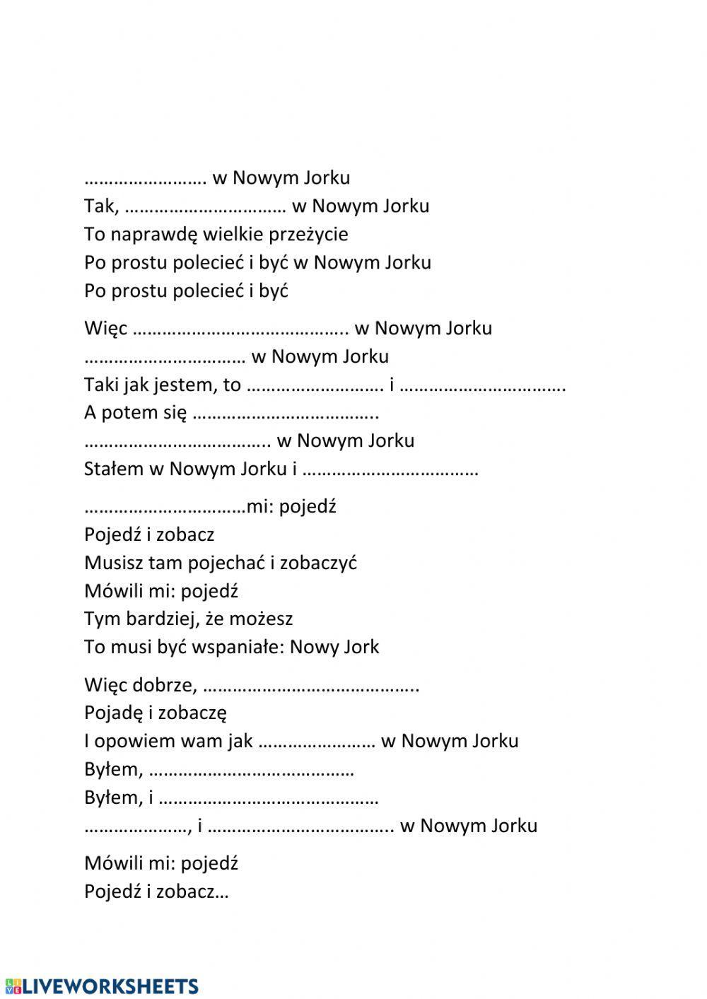 Byłem w Nowym Yorku worksheet | Live Worksheets