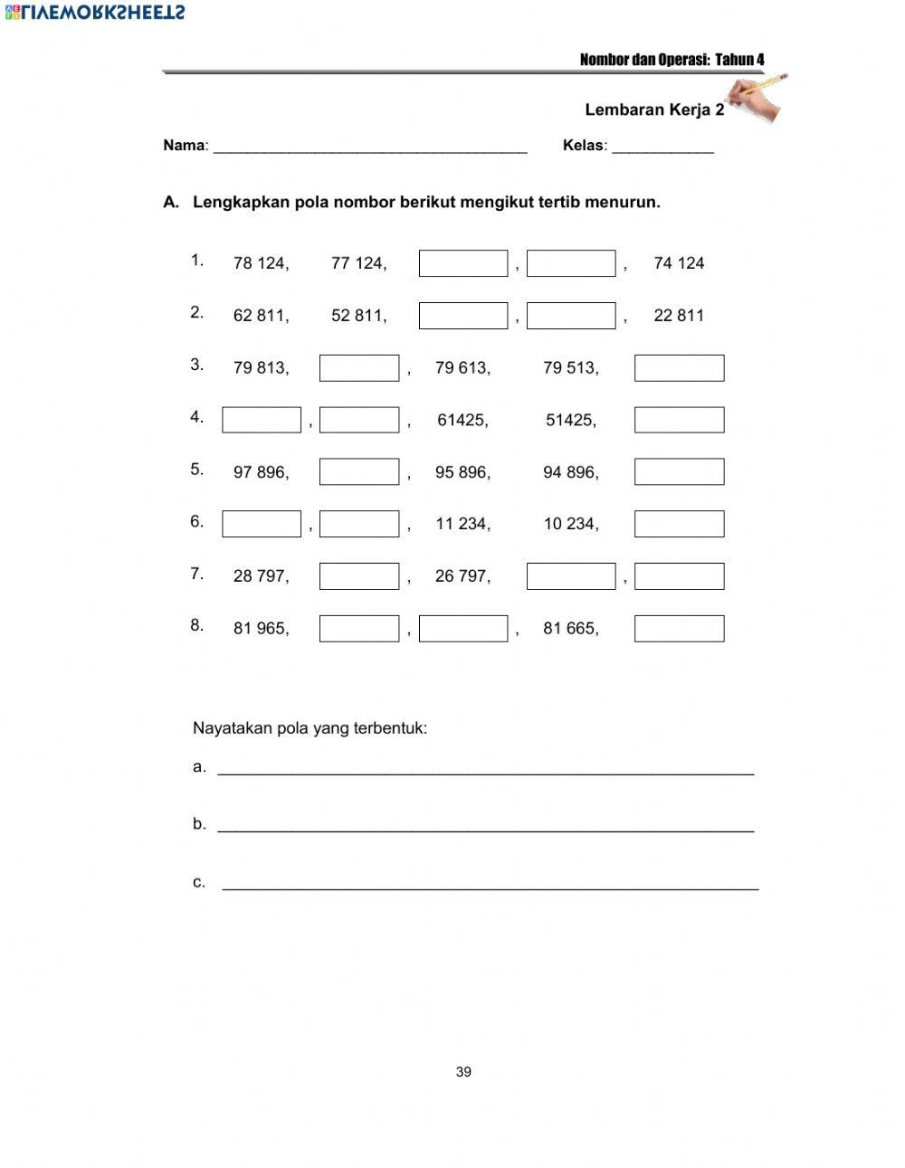 Pola Nombor Menurun worksheet | Live Worksheets