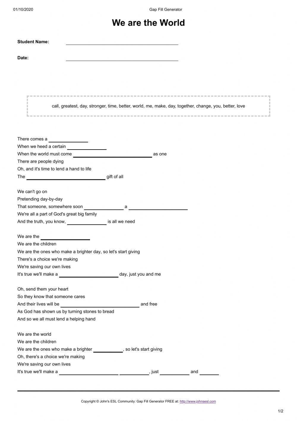 We are the world online exercise for | Live Worksheets