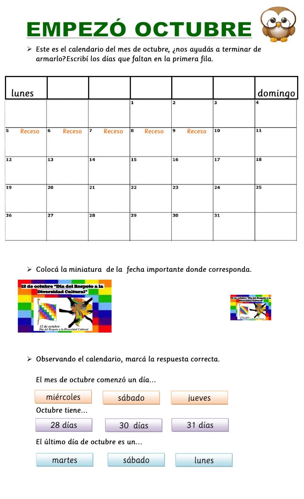 Calendario octubre interactive worksheet | Live Worksheets