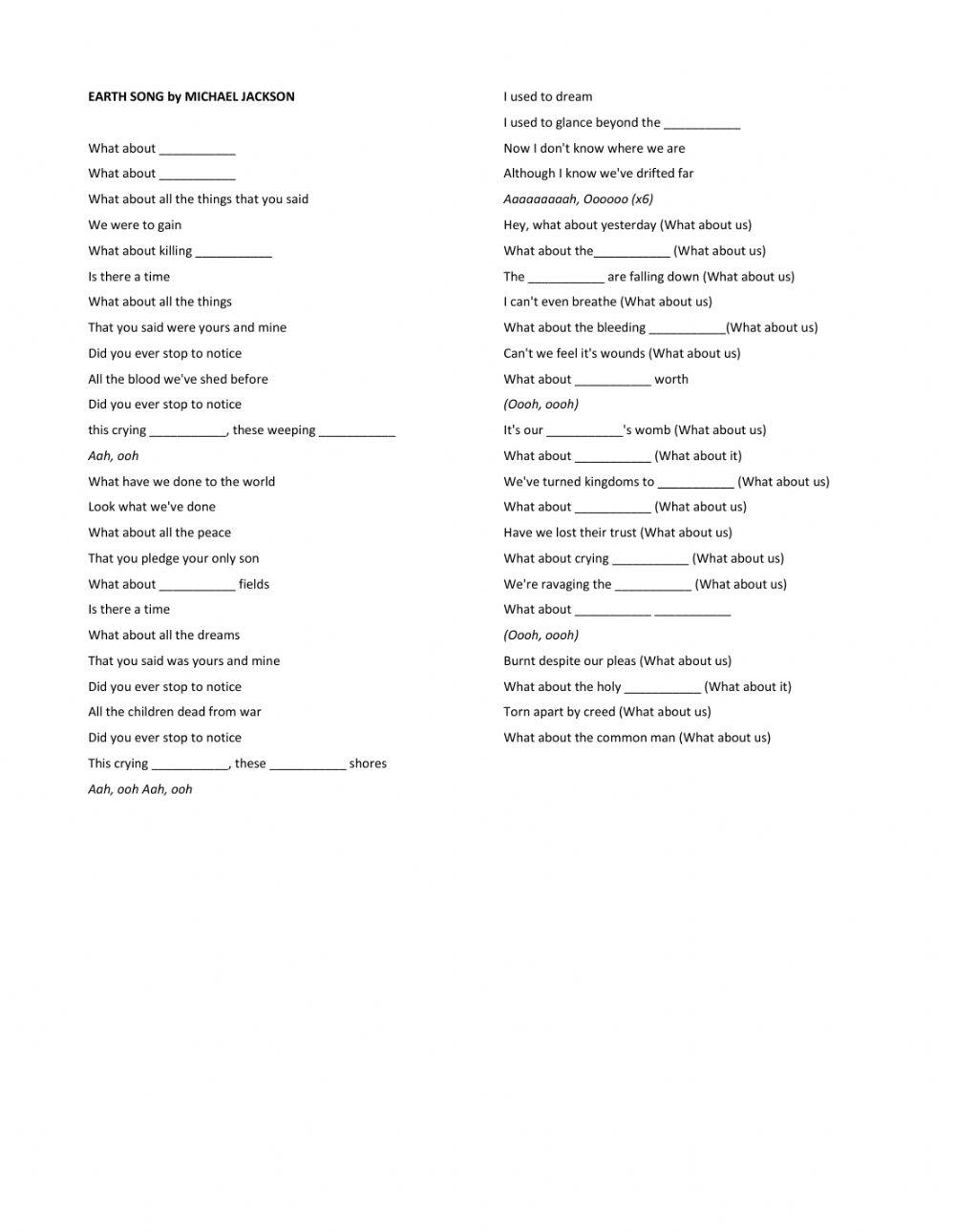 Earth song | Live Worksheets