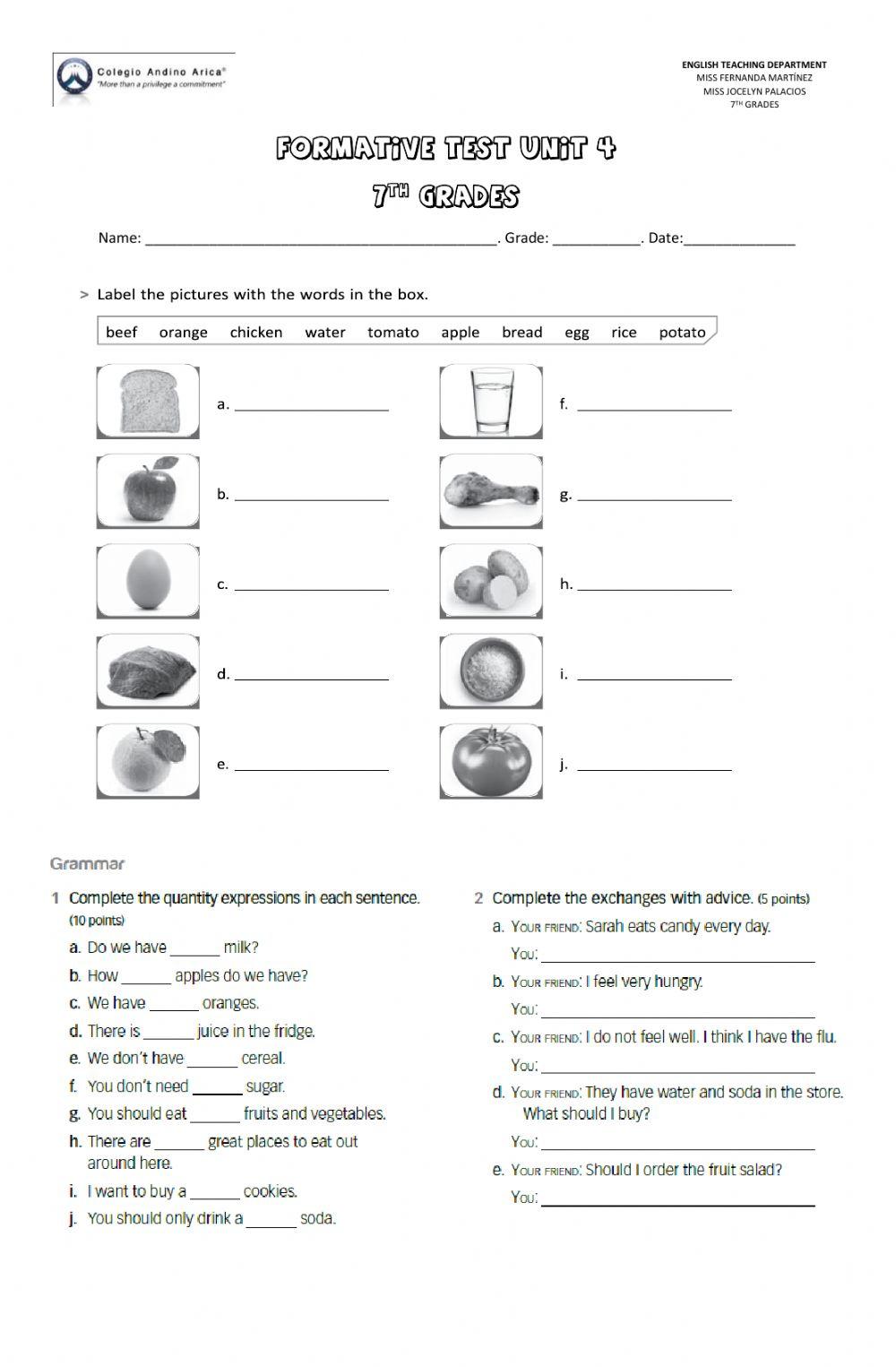 Formative Test Unit 4 - 7th grade worksheet | Live Worksheets